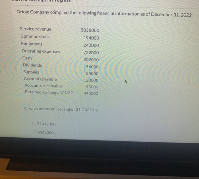 Solved Oriole Company compiled the following financial | Chegg.com