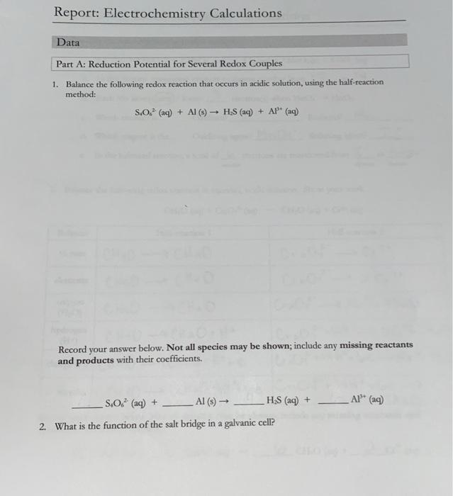 Solved Report: Electrochemistry Calculations Data Part A: | Chegg.com