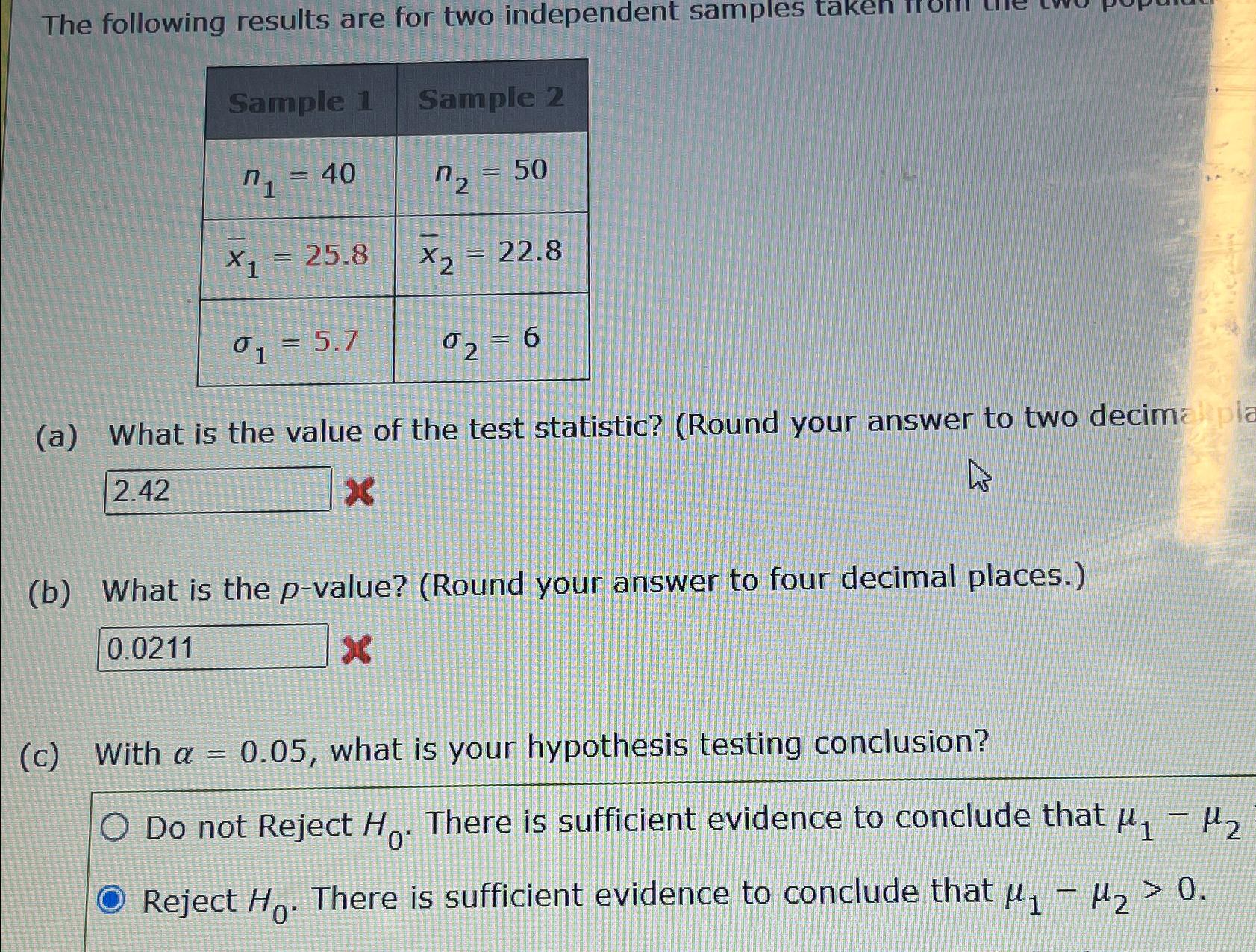Solved The following results are for two independent samples | Chegg.com