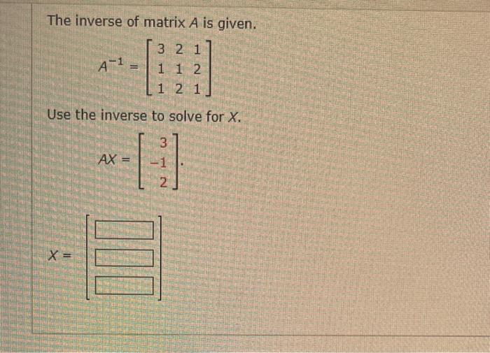 Solved The inverse of matrix A is given. A−1=⎣⎡311212121⎦⎤ | Chegg.com
