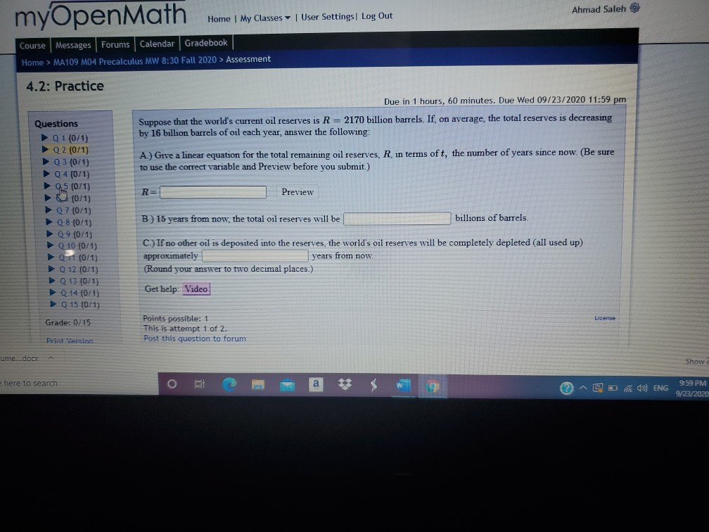 Solved Ahmad Saleh myOpenMath Home My Classes User Settings | Chegg.com