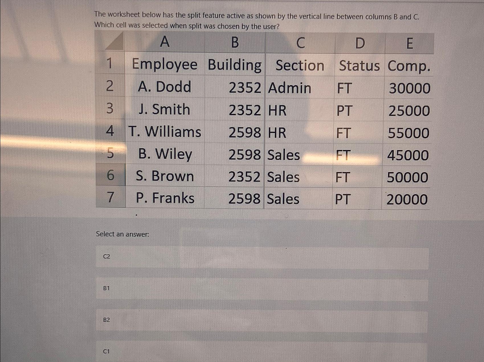 Solved The worksheet below has the split feature active as | Chegg.com