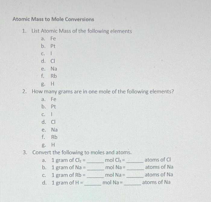 Solved Atomic Mass to Mole Conversions 1. List Atomic Mass | Chegg.com