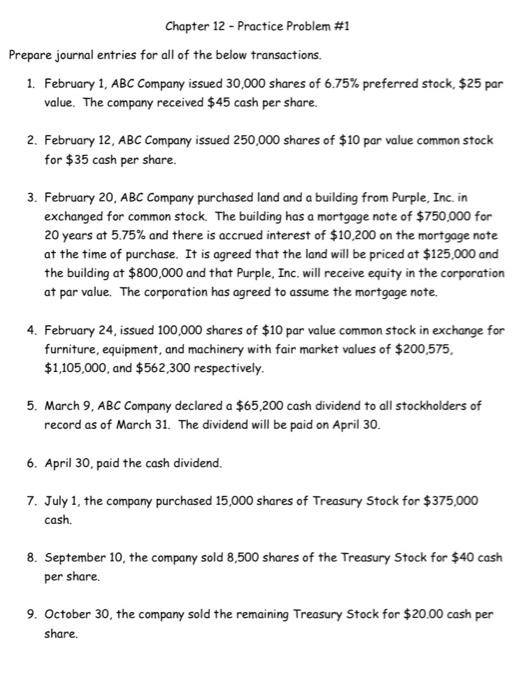 Solved Chapter 12 - Practice Problem \#1 Prepare journal | Chegg.com