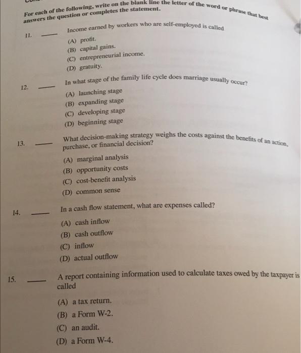 Solved For each of the following, write on the blank line | Chegg.com
