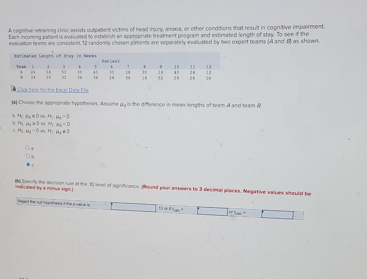 Solved A cognitive retraining clinic assists outpatient | Chegg.com