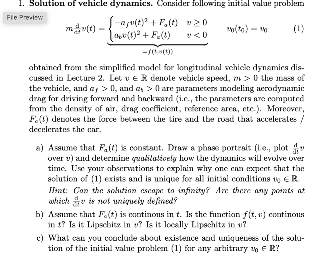 Solved Solution of vehicle dynamics. Consider following | Chegg.com