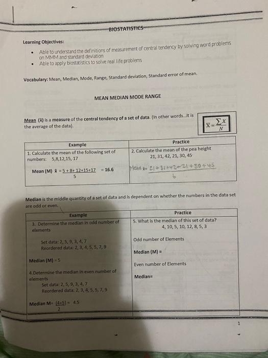 Solved BIOSTATISTICS- Learning Objectives: Able to | Chegg.com