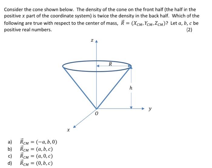 Solved Consider the cone shown below. The density of the | Chegg.com