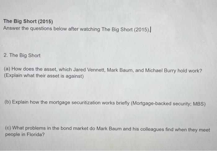 Solved The Big Short (2015) Answer the questions below after | Chegg.com