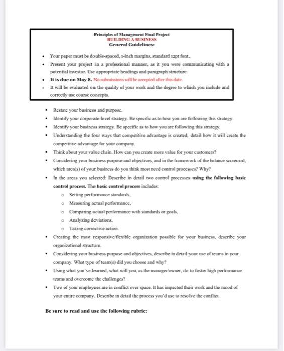 Principles of Management Final Project BUILDING A | Chegg.com