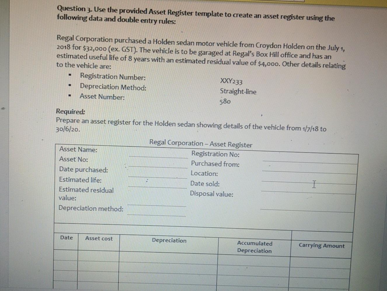 Solved Question 3. Use the provided Asset Register template | Chegg.com