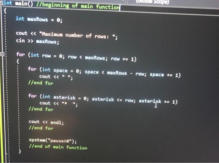 Solved Sint main() //beginning of main function { int | Chegg.com