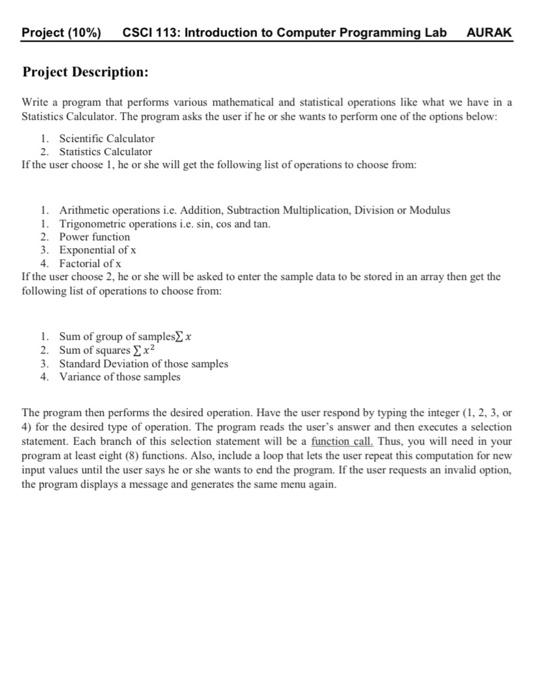 Solved Project (10%) CSCI 113: Introduction to Computer | Chegg.com