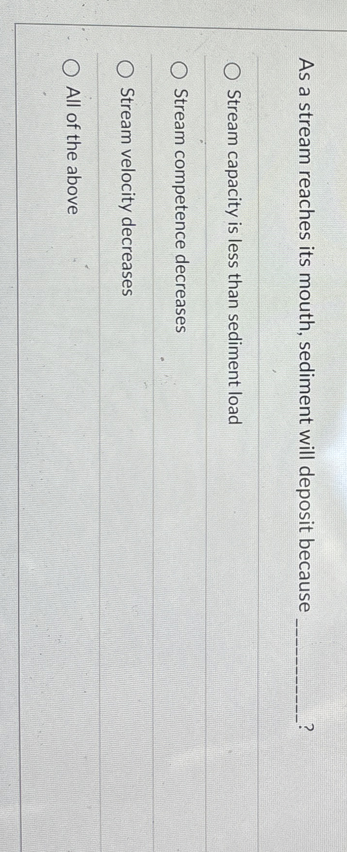 Solved As a stream reaches its mouth, sediment will deposit | Chegg.com