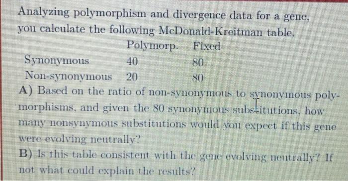 Solved Analyzing polymorphism and divergence data for a | Chegg.com