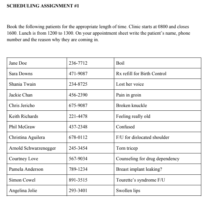 Solved SCHEDULING ASSIGNMENT #1Book the following patients | Chegg.com