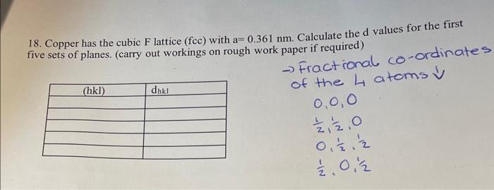 Solved 18. Copper has the cubic F lattice (fcc) with a=0.361 | Chegg.com