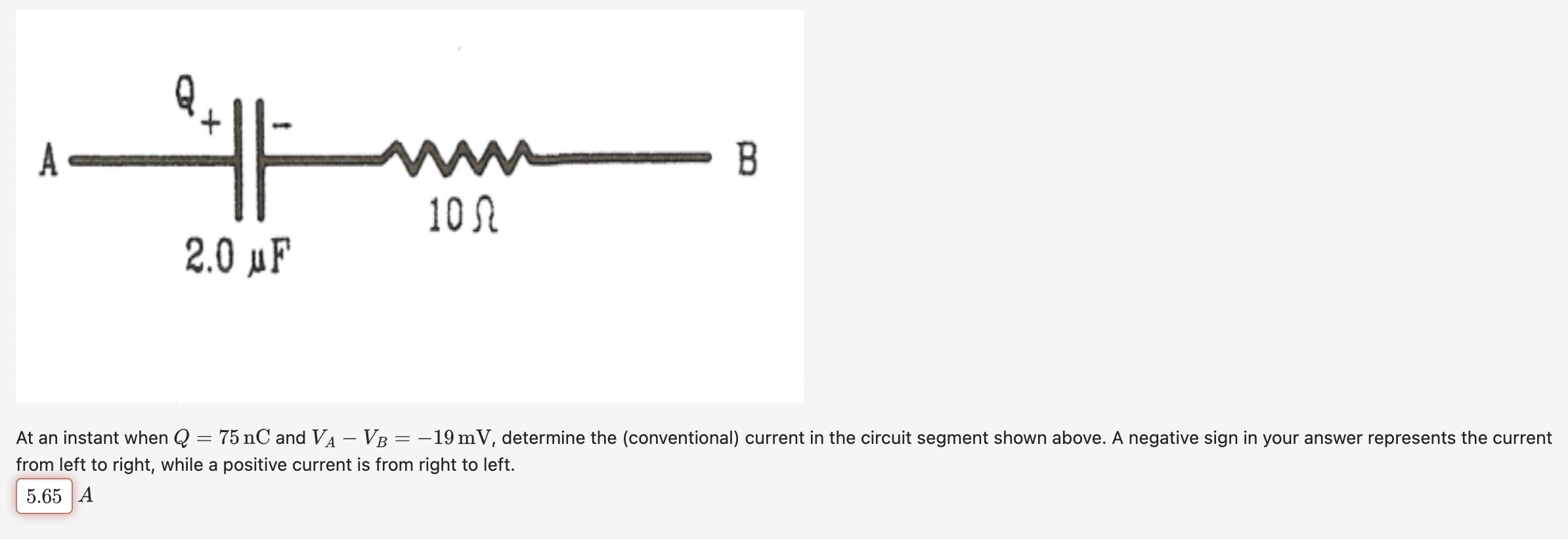 Solved At an instant when Q=75nC ﻿and VA-VB=-19mV, | Chegg.com