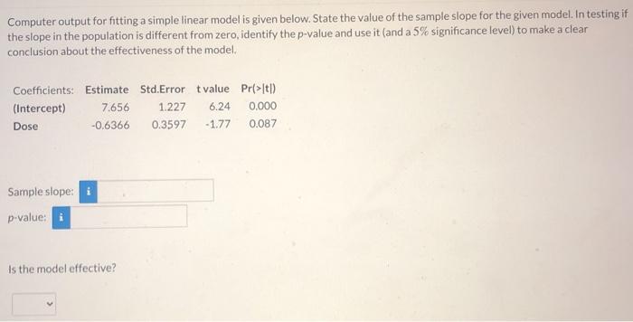 Solved Computer output for fitting a simple linear model is | Chegg.com
