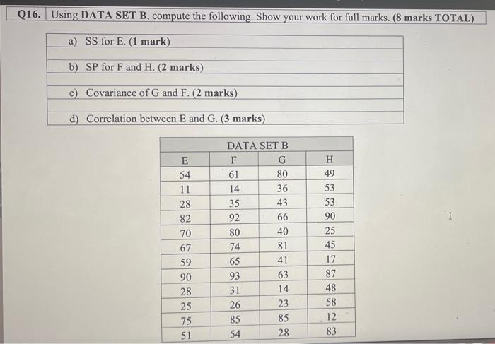 Solved Q16. Using DATA SET B, compute the following. Show | Chegg.com