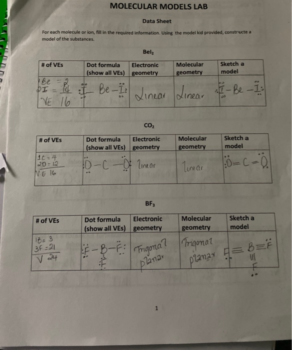 Solved MOLECULAR MODELS LAB Data Sheet For each molecule or | Chegg.com