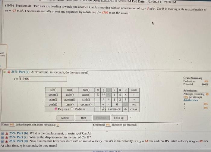 Solved (10\%) Problem 8: Two cars are heading towards one | Chegg.com