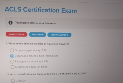 Solved ACLS Certification Exami. ﻿You require 80% ﻿to pass | Chegg.com