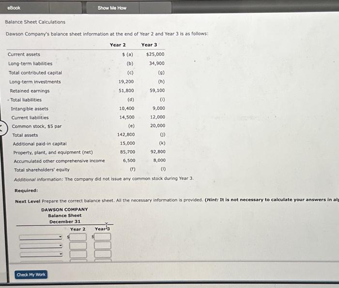 Solved Balance Sheet Calculations Dawson Company's balance | Chegg.com
