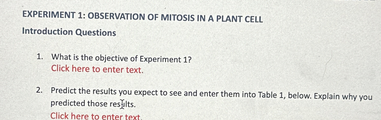 Solved Experiment 1 Observation Of Mitosis In A Plant 