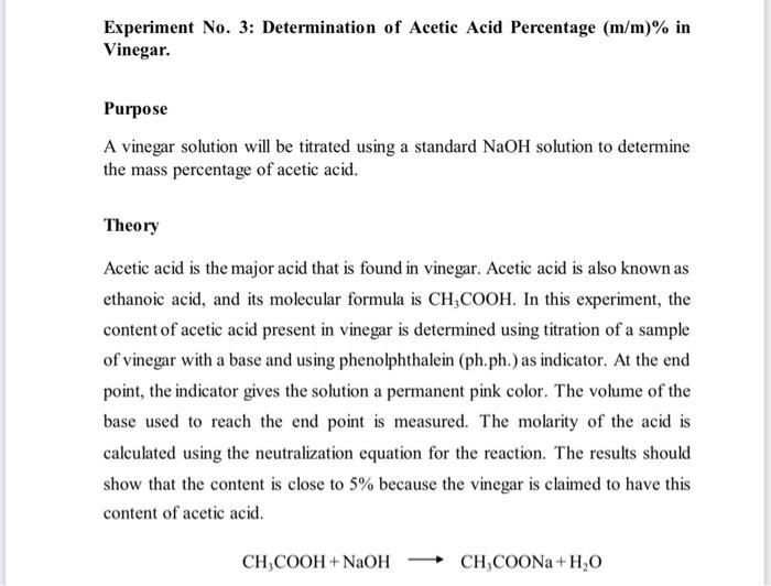 Solved Experiment No. 3: Determination of Acetic Acid | Chegg.com