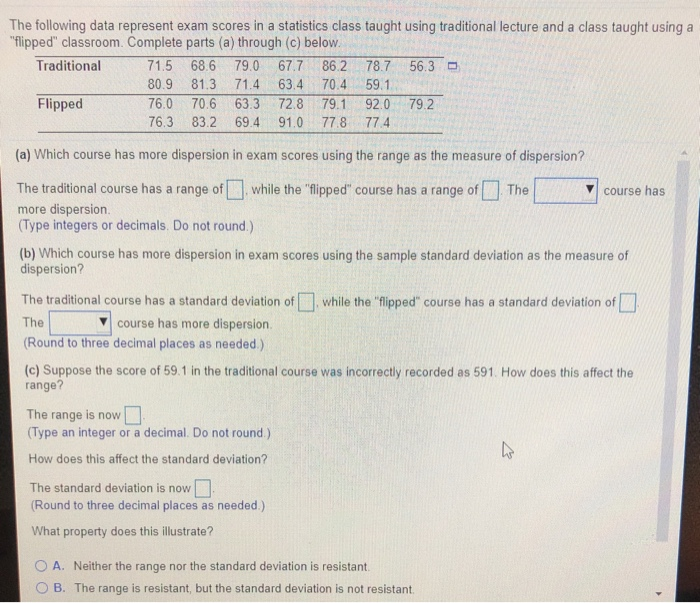 Solved The following data represent exam scores in a | Chegg.com