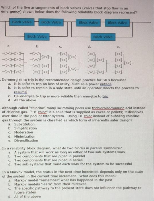 Solved Which of the five arrangements of block valves | Chegg.com