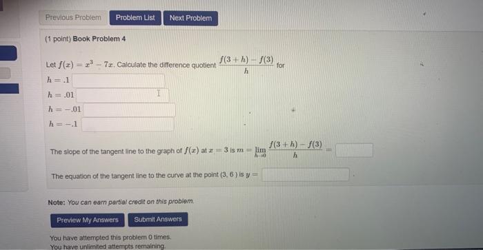 Solved (1 point) Book Problem 4 Let f(x)=x3−7x. Calculate | Chegg.com
