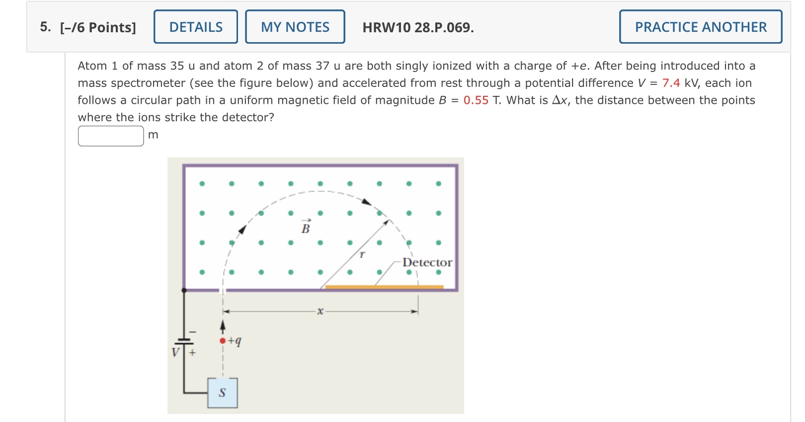 Solved [-/6 ﻿Points]HRW10 28.P.069.Atom 1 ﻿of mass 35u ﻿and | Chegg.com