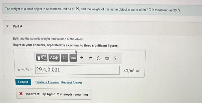 Solved The weight of a solid object in air is measured as 40 | Chegg.com