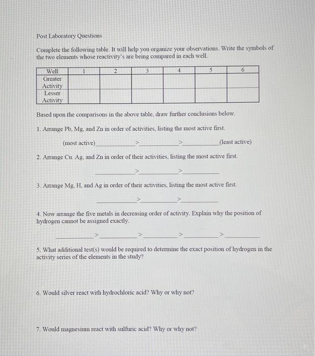 Post Laboratory Questions Complete the following | Chegg.com