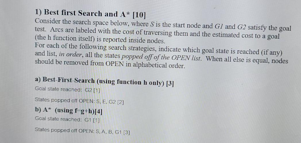 1) Best first Search and A* [10] Consider the search | Chegg.com