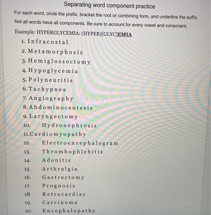 Solved Separating word component practice For each word, | Chegg.com