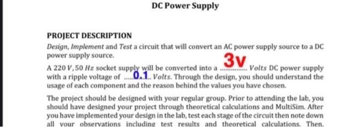 Solved DC Power Supply PROJECT DESCRIPTION Design, Implement | Chegg.com