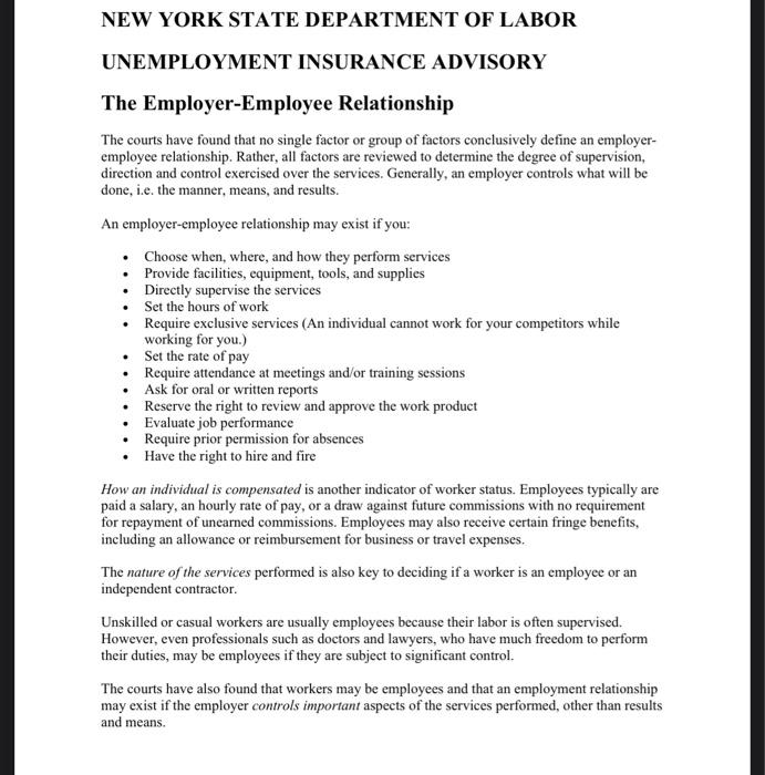 NEW YORK STATE DEPARTMENT OF LABOR UNEMPLOYMENT | Chegg.com