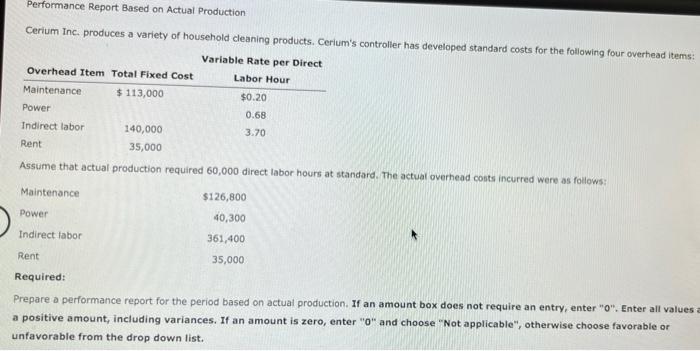 Solved Performance Report Based on Actual Production Cerium | Chegg.com Solved Performance Report Based on Actual Production Cerium | Chegg.com