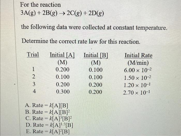 Solved For the reaction 3 A( g)+2 B( g)→2C(g)+2D(g) the | Chegg.com