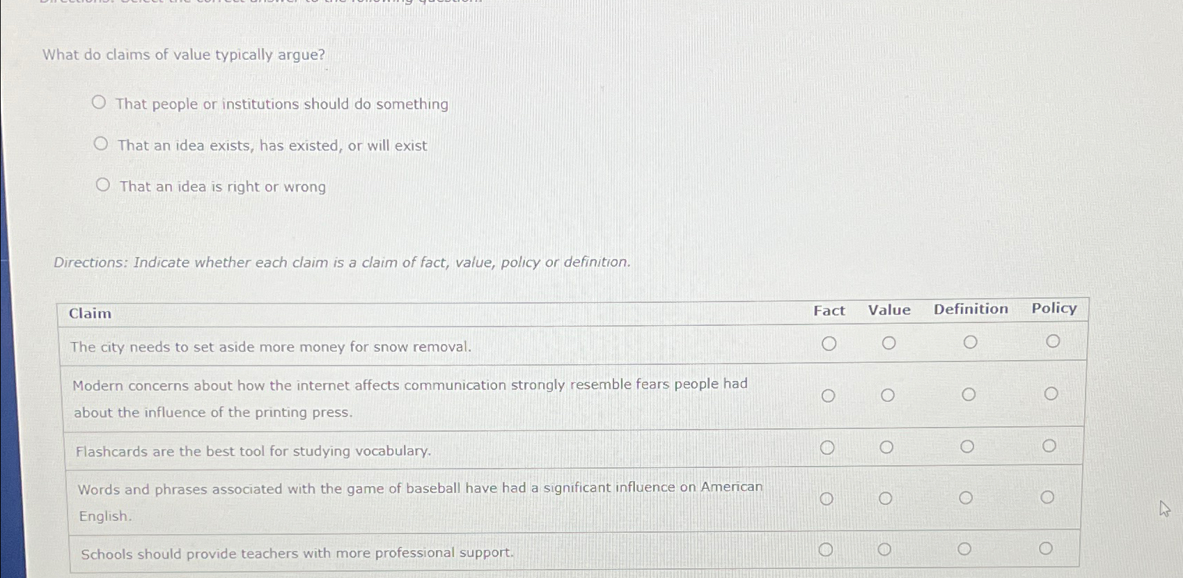 Solved What do claims of value typically argue?That people | Chegg.com