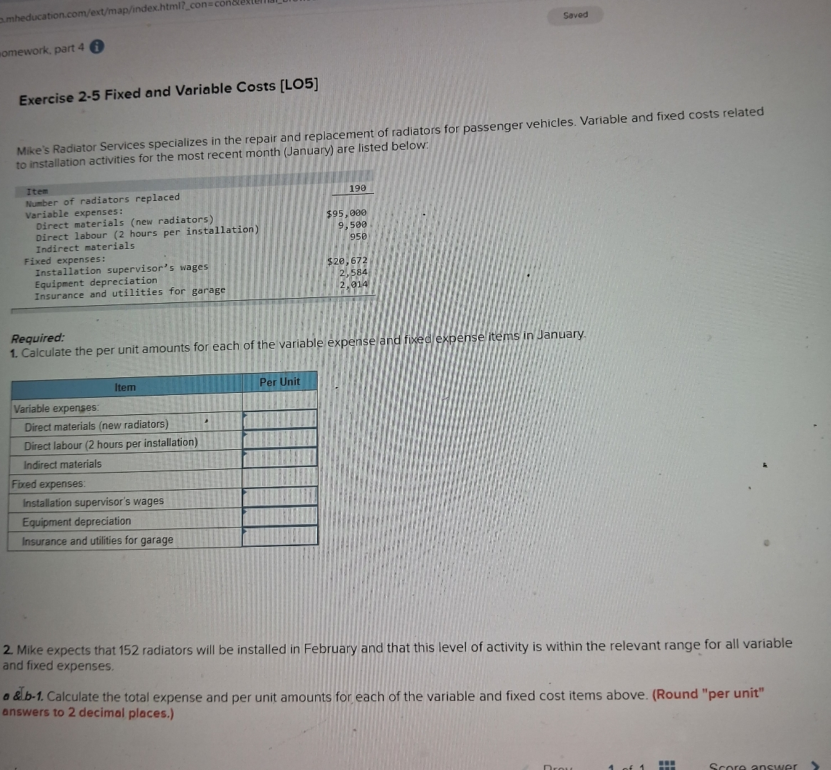 Solved omework, part 4Exercise 2-5 ﻿Fixed and Variable Costs | Chegg.com