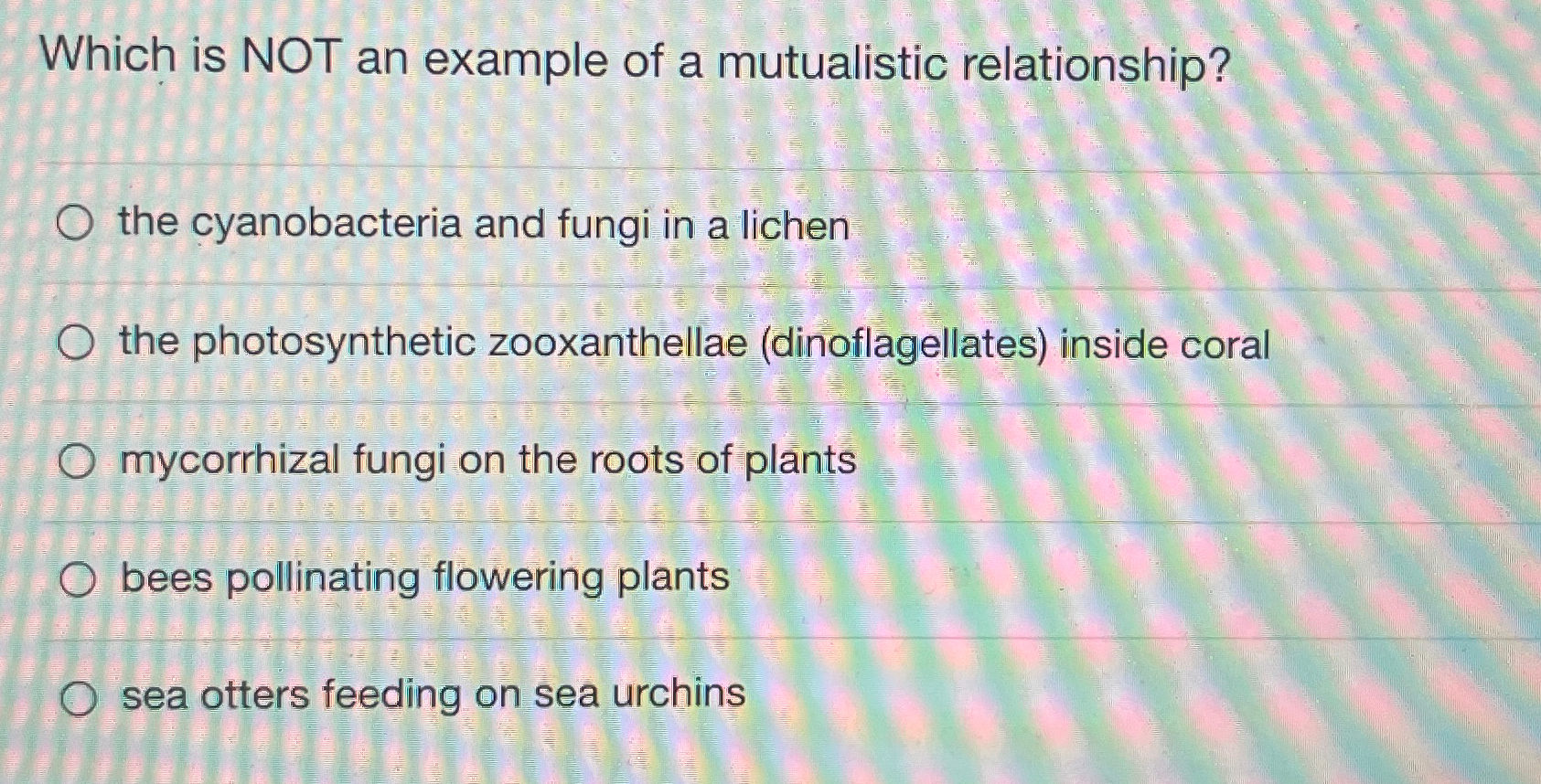 Solved Which is NOT an example of a mutualistic | Chegg.com