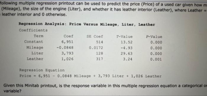 Solved The following multiple regression printout can be | Chegg.com