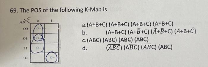Solved 69. The POS of the following K-Map is AB 00 01 10 0- | Chegg.com