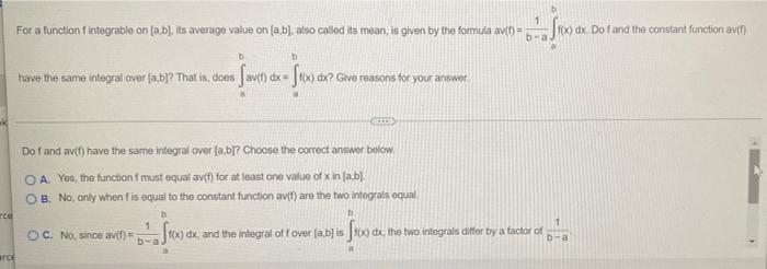 Solved For a function integrable on (a,b), its average value | Chegg.com