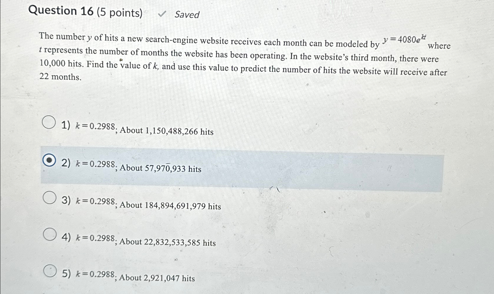 Solved Question 16 (5 ﻿points)The number y ﻿of hits a new | Chegg.com
